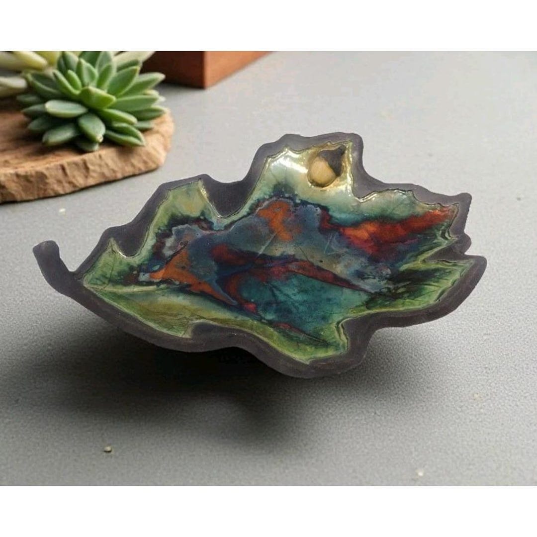 Handmade Red Oak Studio Art Pottery Raku Glaze Acorn Leaf Dish Fall ...