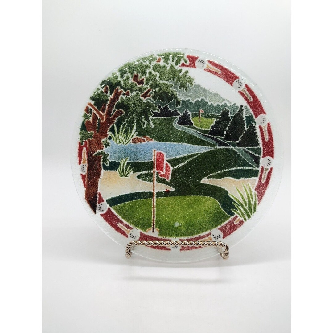 Peggy Carr Fused Art Glass Golf Course Decorative Plate Handpainted 7. ...