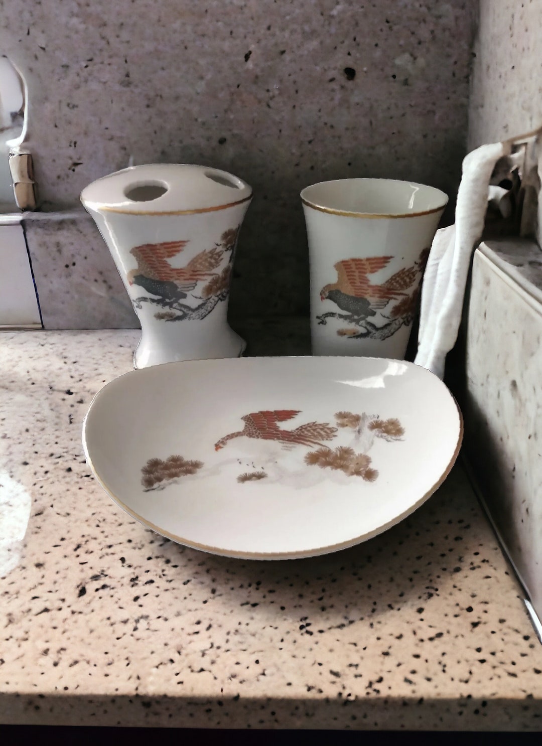 Fine Porcelain Hawk Bathroom Set Peking East Collection Soap Toothbrush ...