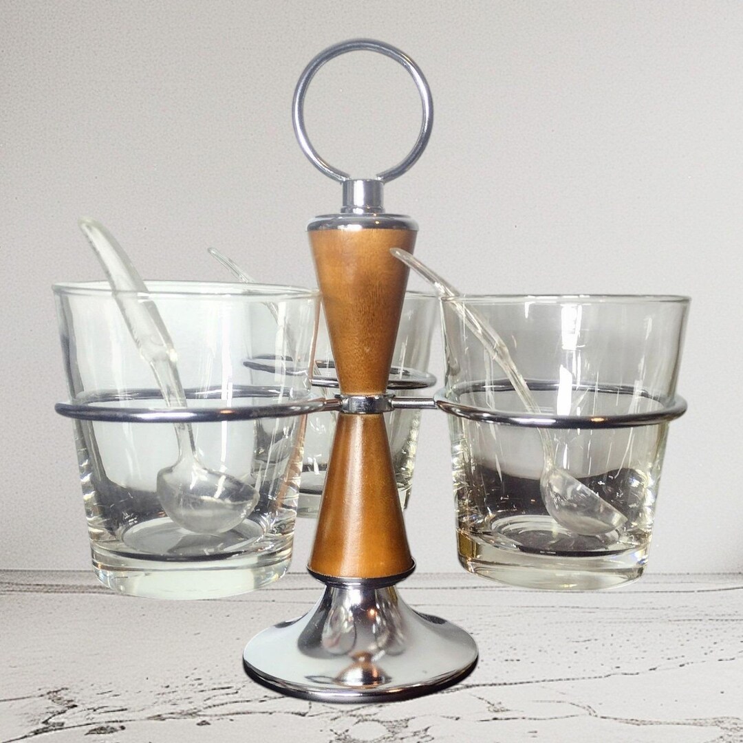 Vintage MCM Teak Glass Condiment Caddy With Spoons Chrome Serving Party ...