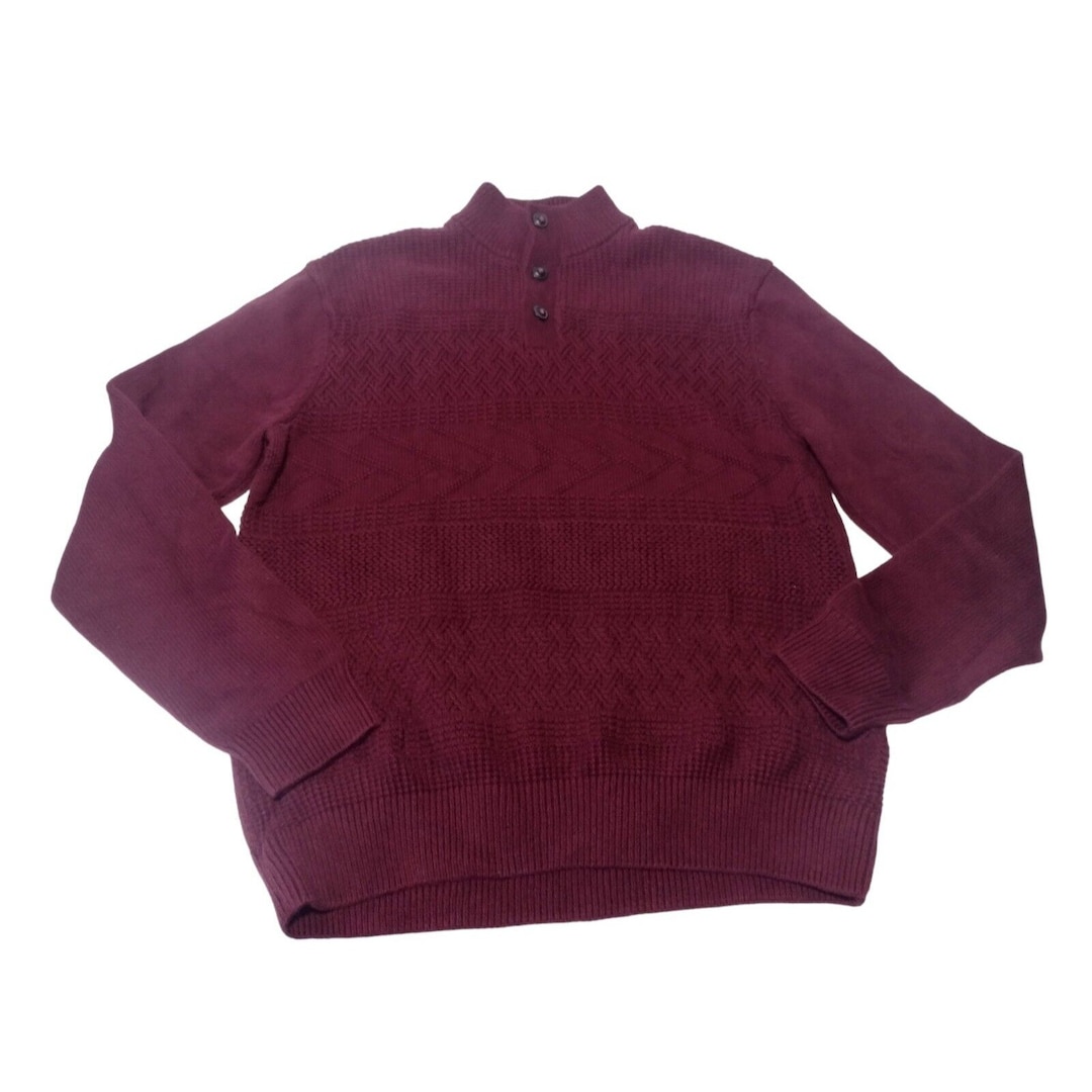 Vtg Chaps Mens Heavy Knit Mock Button Neck Sweater Size L Burgundy ...