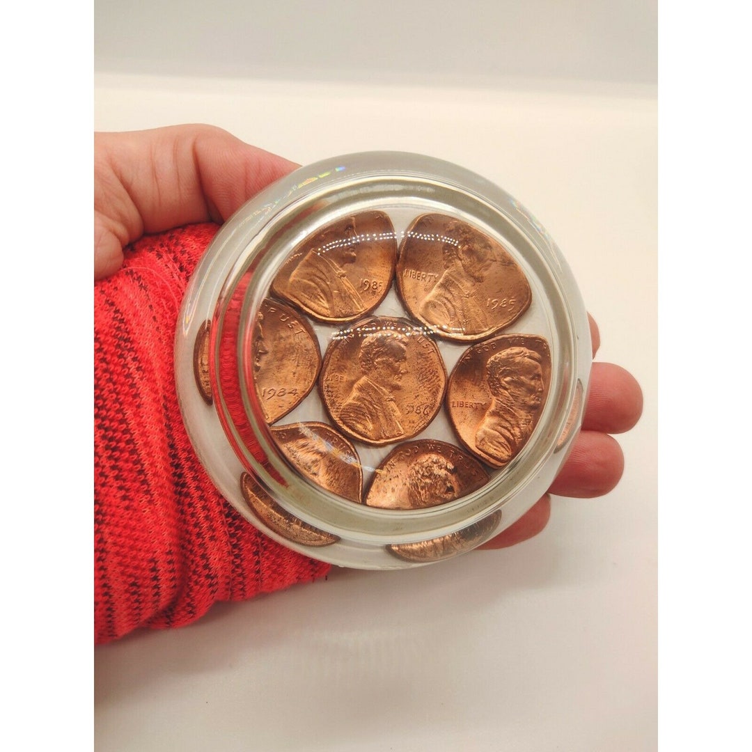 Vintage 80s Copper Pennies Glass Round Dome Paperweight Collectible ...