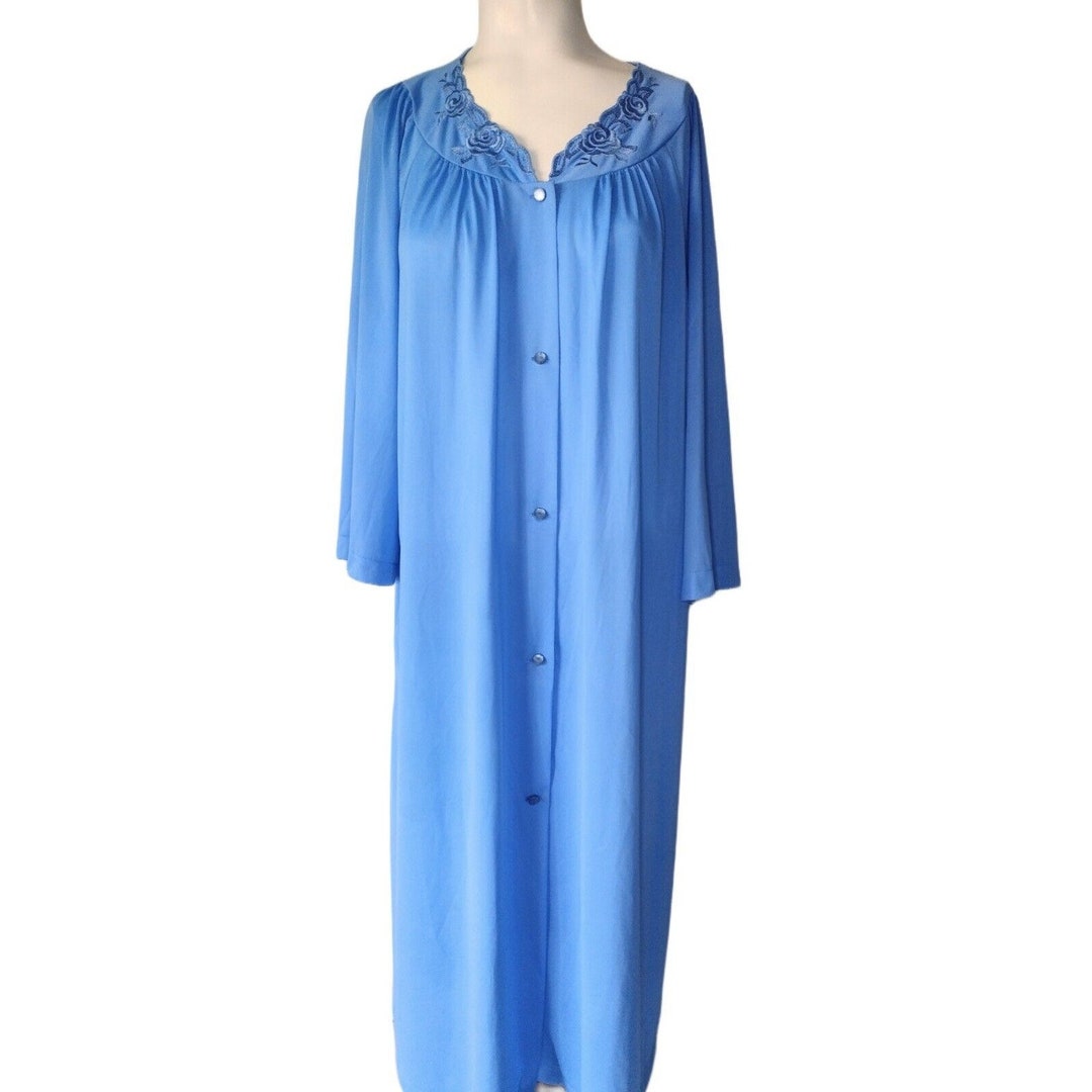 Vintage Shadowline Nylon Robe Womens Size M Blue Embroidered Flowers ...