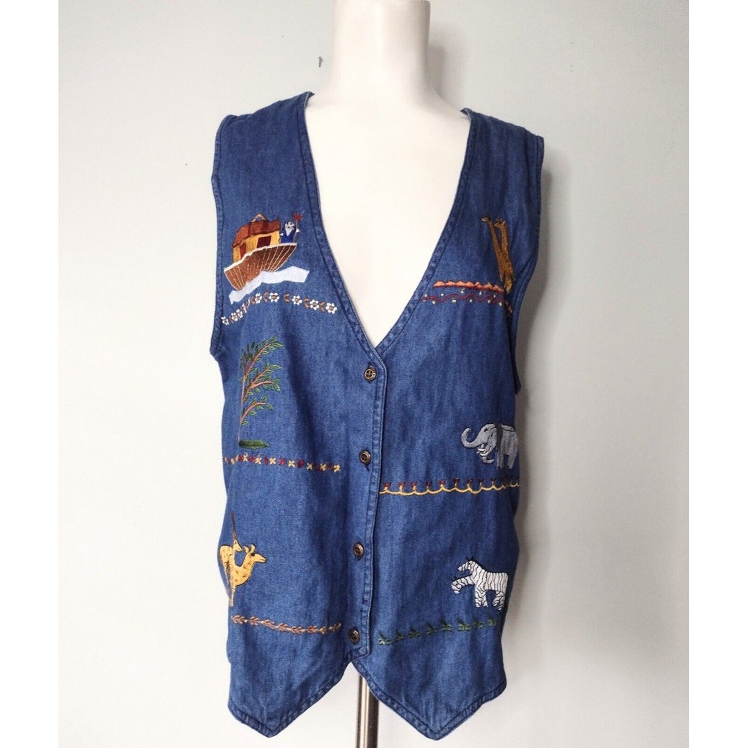 Vintage Way to Go Denim Noahs Ark Vest Size M Embroidered Blue Bible ...