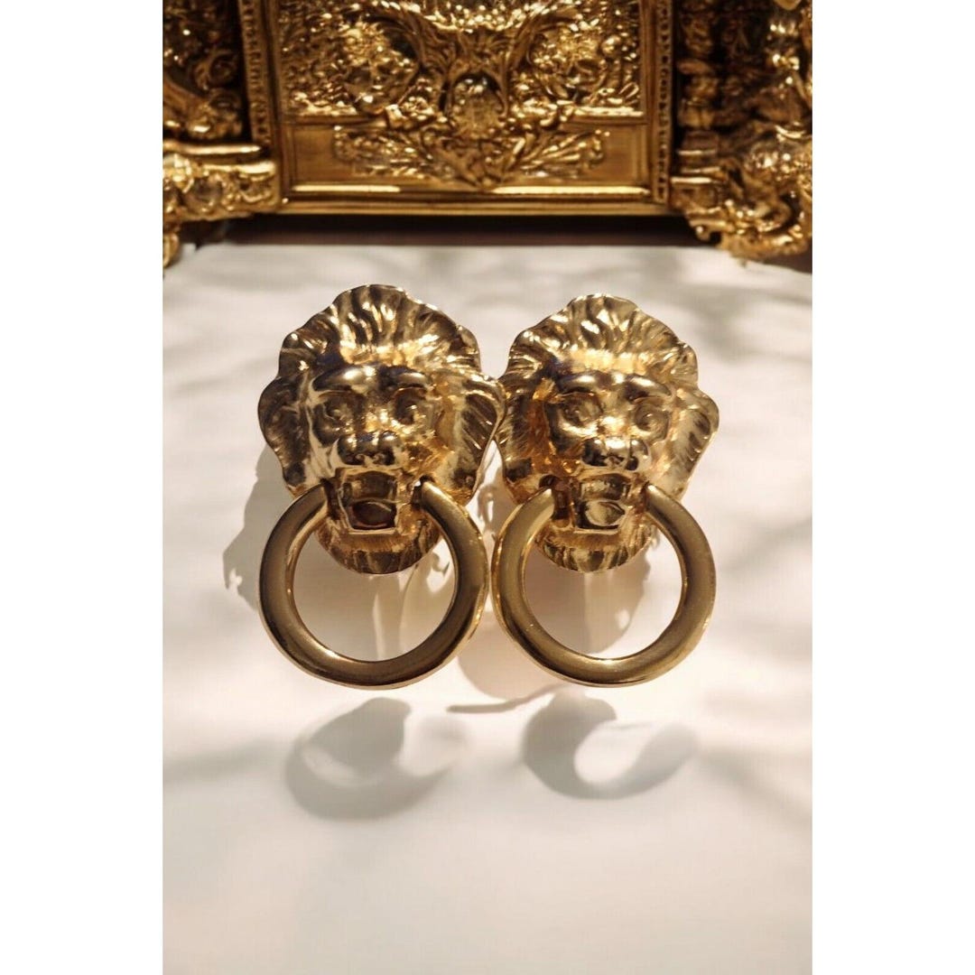 KJL Kenneth Jay Lane Lion Head Door Knocker Clip on Earrings Regency ...