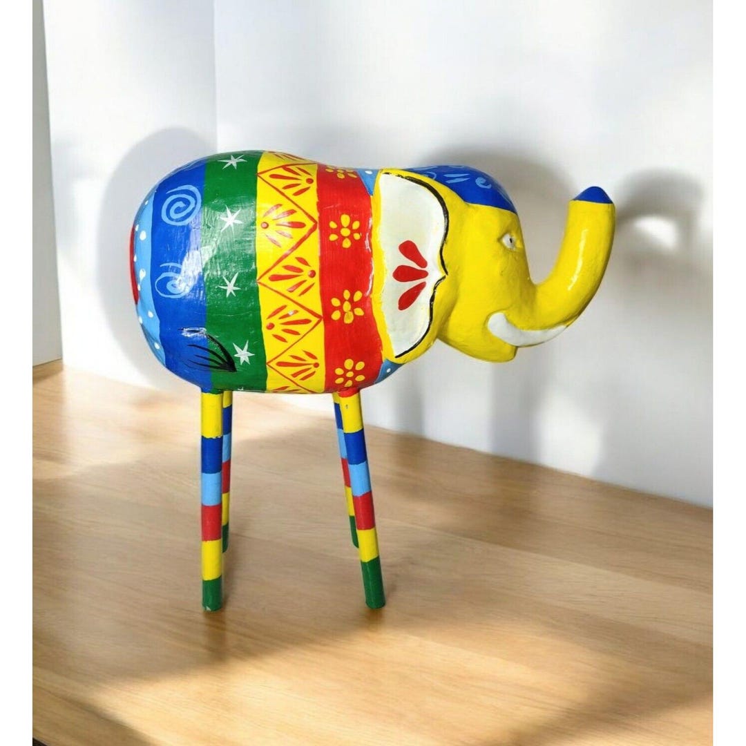 Handmade Colorful Tall Wooden Elephant Statue Figurine 9.5in Weirdo ...