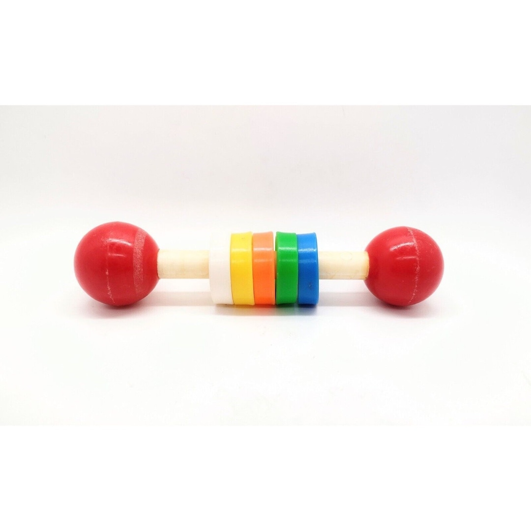Vintage Retro Barbell Sliding Discs Baby Rattle Teether Rainbow ...
