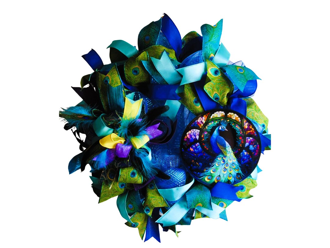 Peacock Wreath Blue And Green Wreath Feathered Door Decor Vibrant Ribbon Wreath Handmade