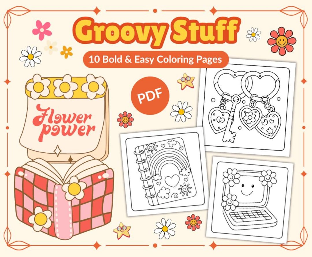 Groovy Stuff Coloring Pages | 10 Bold & Easy Pages | Instant Download ...