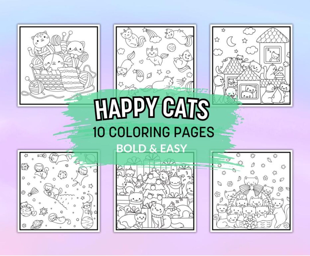 Happy Cats Coloring Pages | 10 Pages | Cute and Easy | Instant Download ...