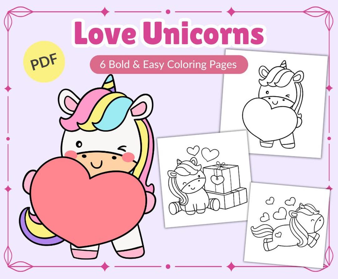 Love Unicorns Coloring Pages | 6 Pages | Cute and Easy Valentine's Day ...