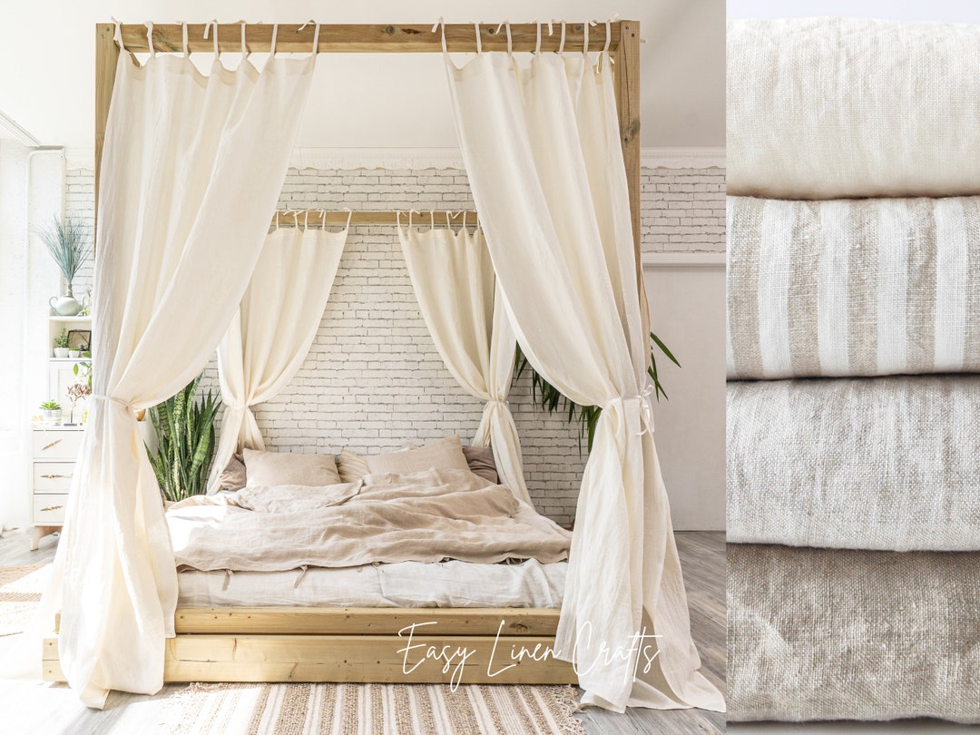 Tie Top Linen Curtain Canopy Bed Curtain Bed Canopy Drape Long Linen ...