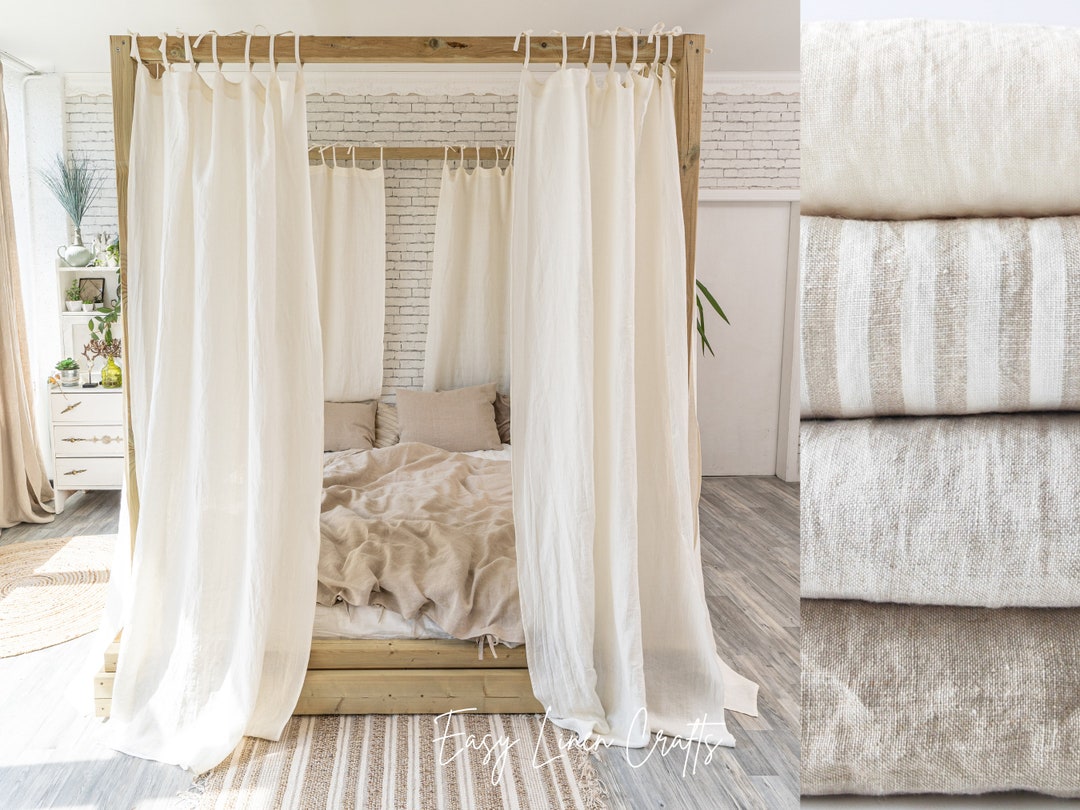 Linen Canopy Bed Curtain With Ties, Semi Sheer Canopy Drape, Bed Linen ...
