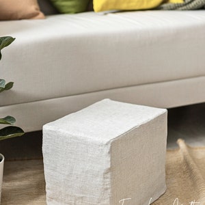Linen Ottoman Cover, Custom Fitted Linen Pouf Cover, Footstool ...