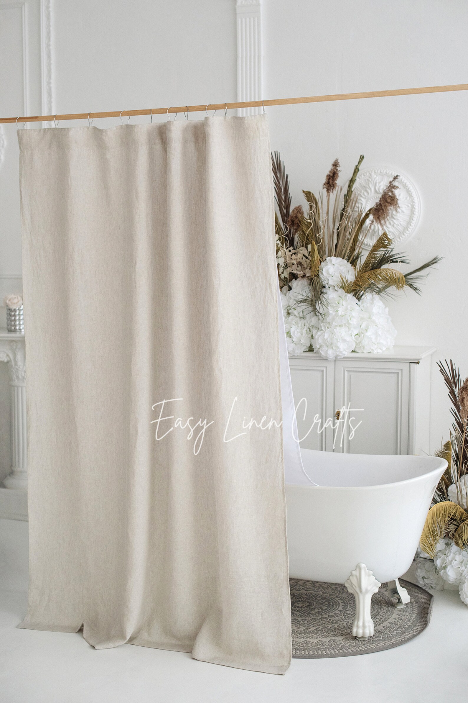 Waterproof Linen Shower Curtain Panel, Wide Linen Shower Drape With ...