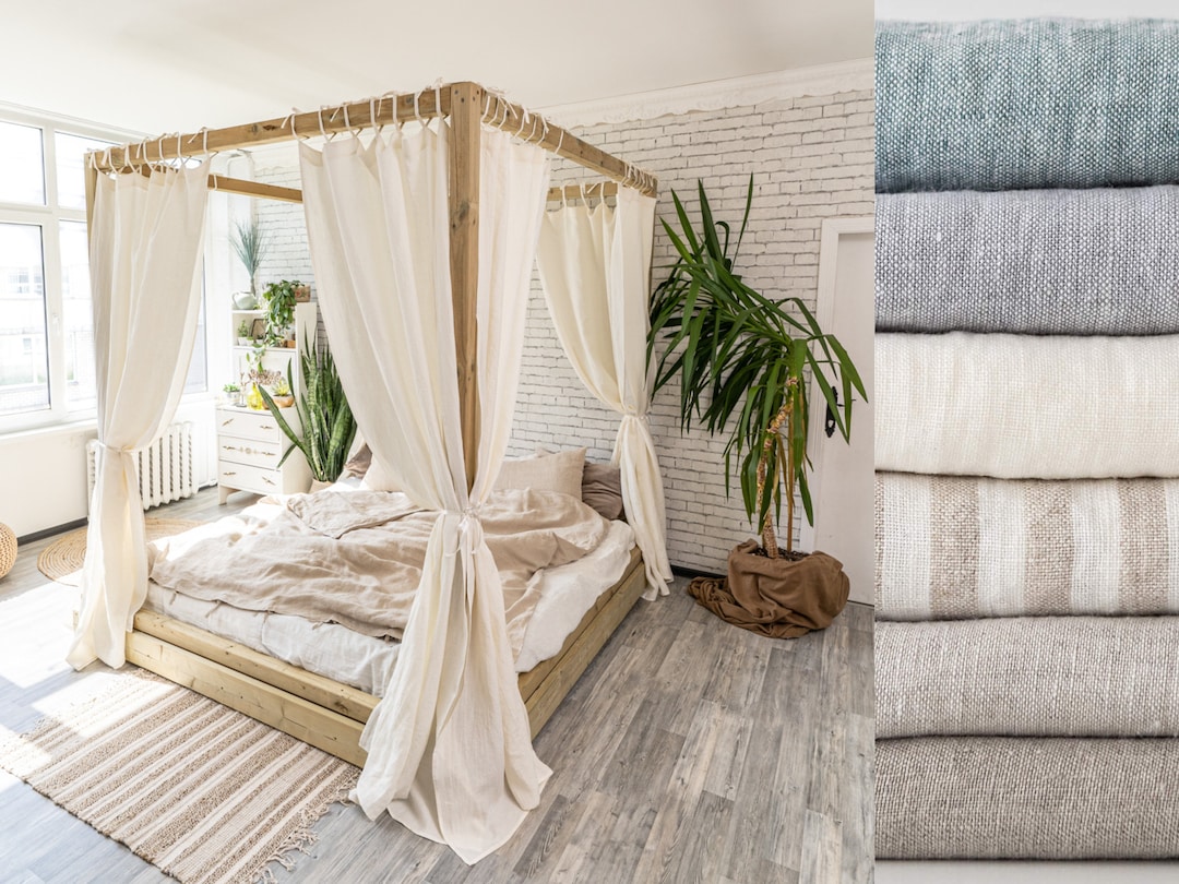 Canopy Bed Curtain With Tie Top | Linen Canopy Drape | Linen Bed ...