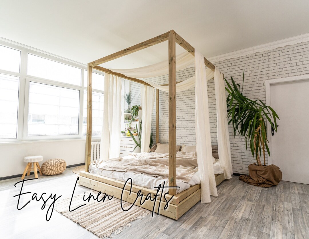 Set of 2 Canopy Bed Curtains, off White Linen Bed Drapes, Linen Bed ...