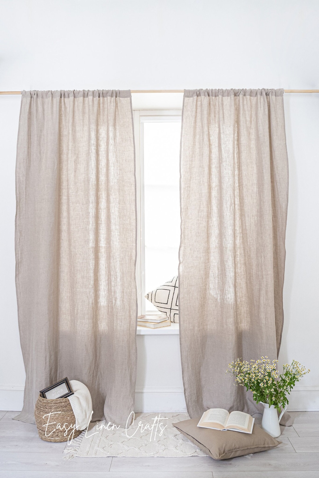Natural Linen Rod Pocket Curtains Set of 2 Large Drapes for Living Room ...