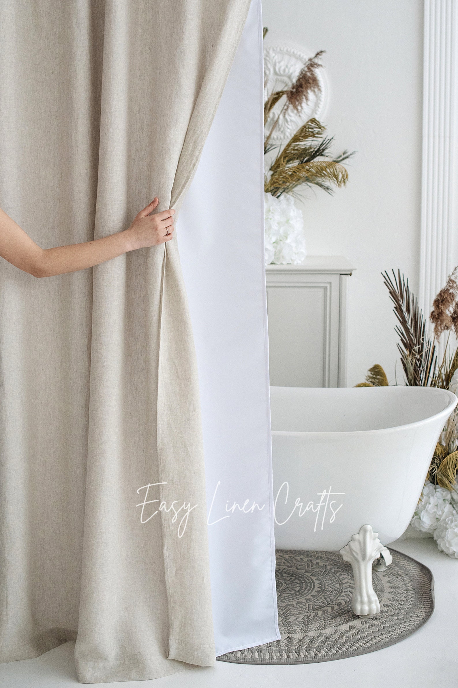 Waterproof Linen Shower Curtain Panel, Wide Linen Shower Drape With ...