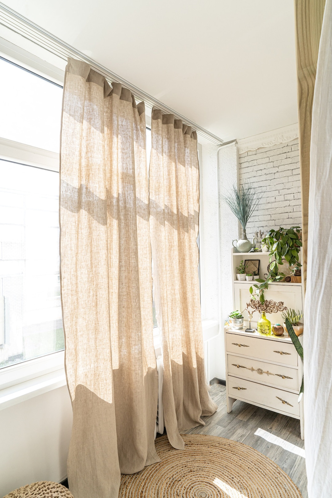 Set of 2 Linen Curtain Panels, Natural Stonewashed Linen Curtains, Semi ...