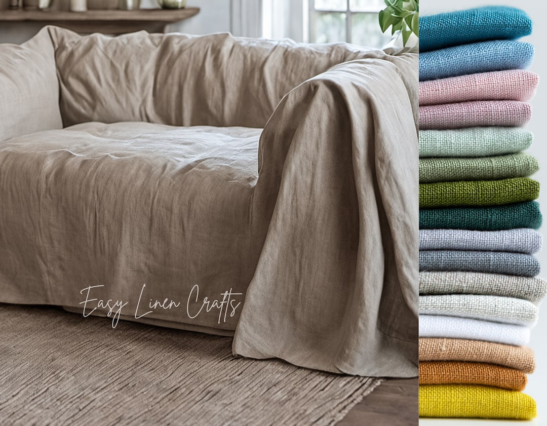 Linen Sofa Cover - Elegant Natural Linen Slipcover - Loose Couch Cover ...