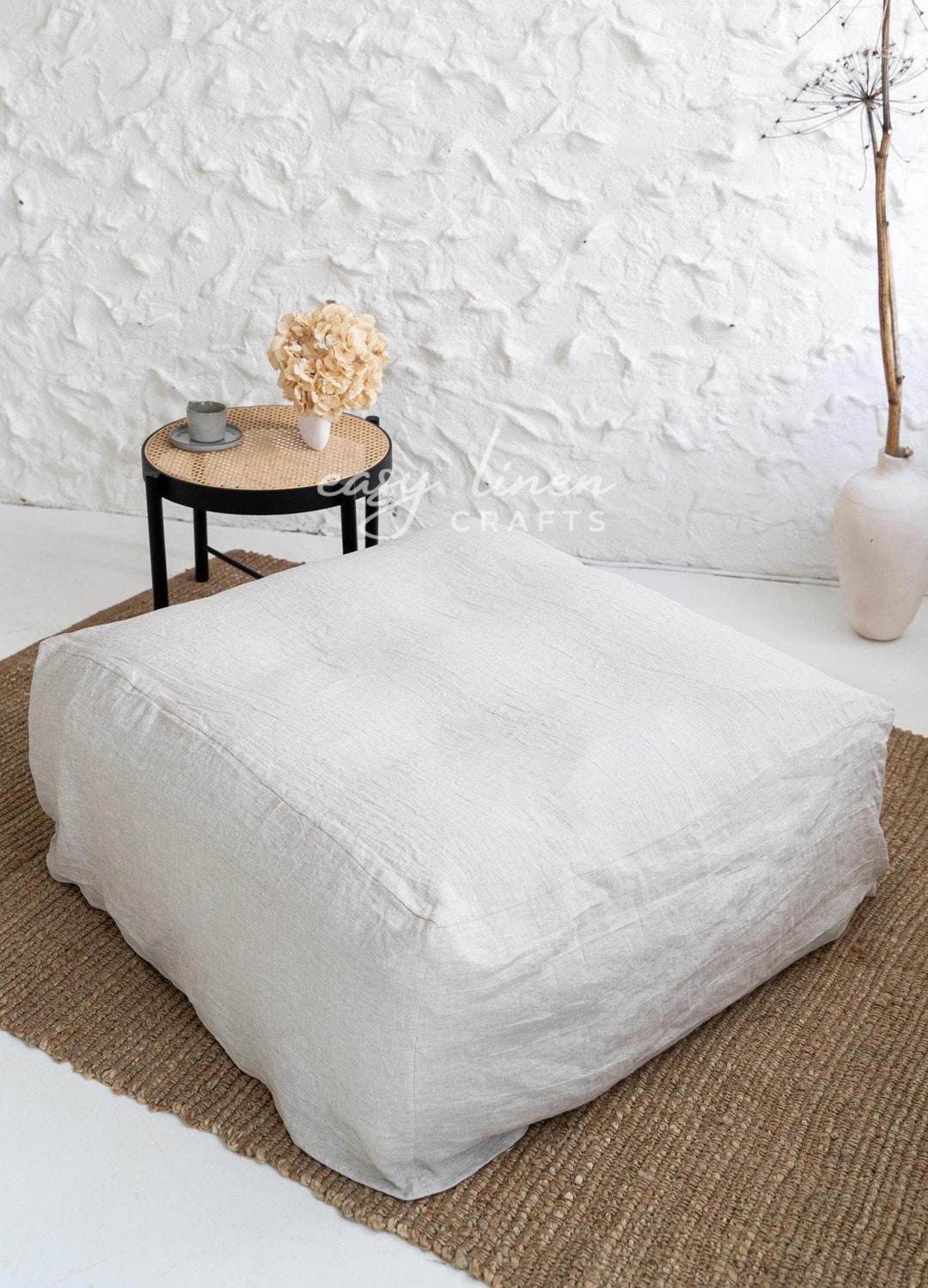 Linen Ottoman Cover, Custom Fitted Linen Pouf Cover, Footstool ...
