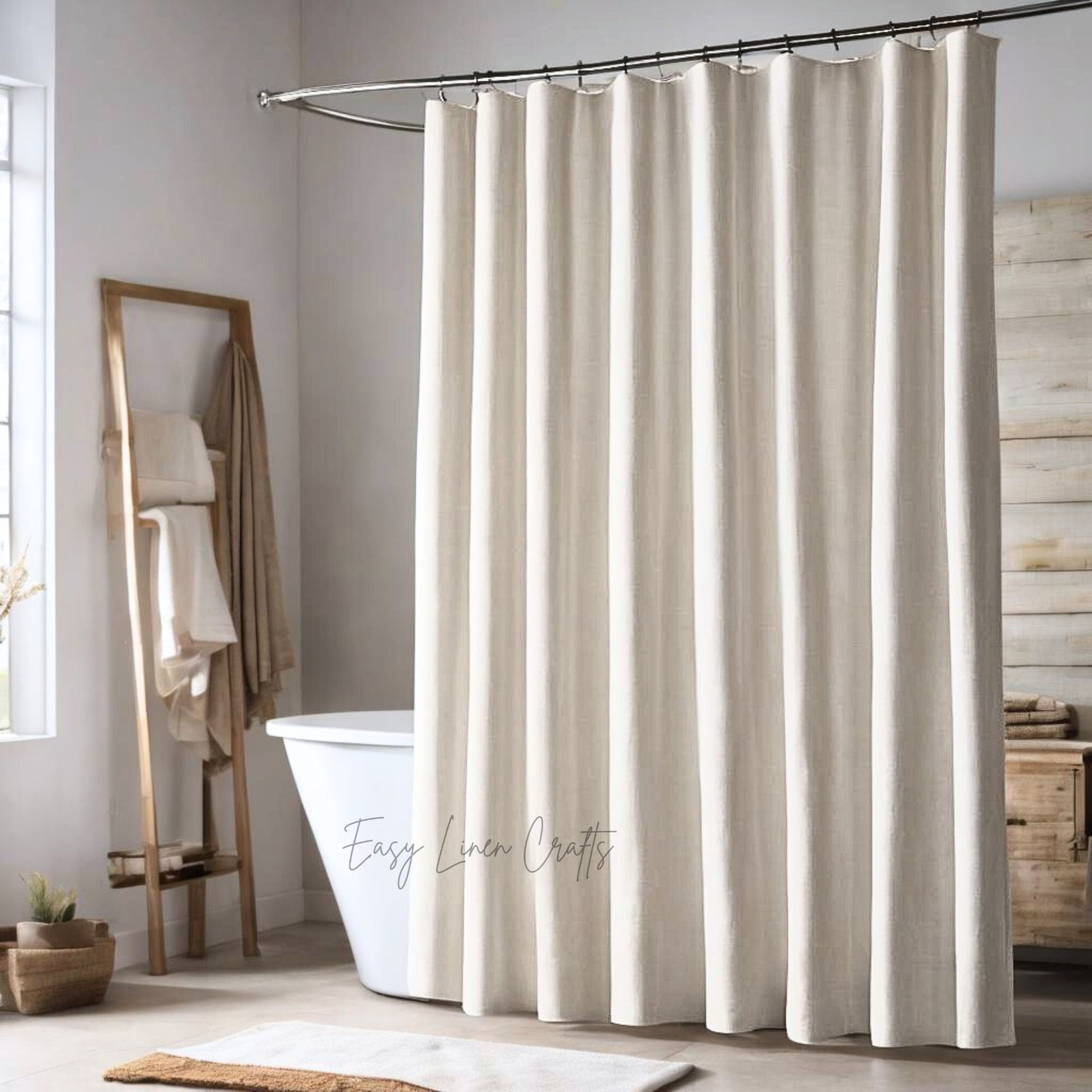 Waterproof Linen Shower Curtain Panel, Wide Linen Shower Drape With ...