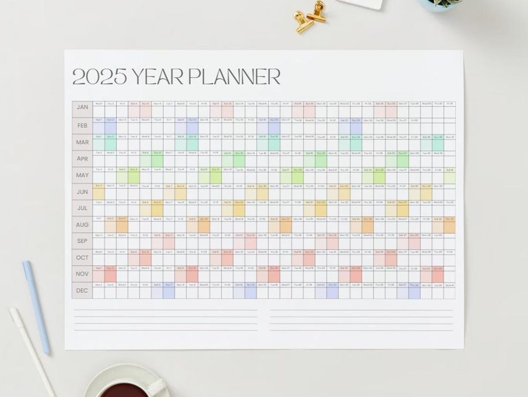 Digital Yearly Calendar Printable | Beige | Rainbow | Black and White ...