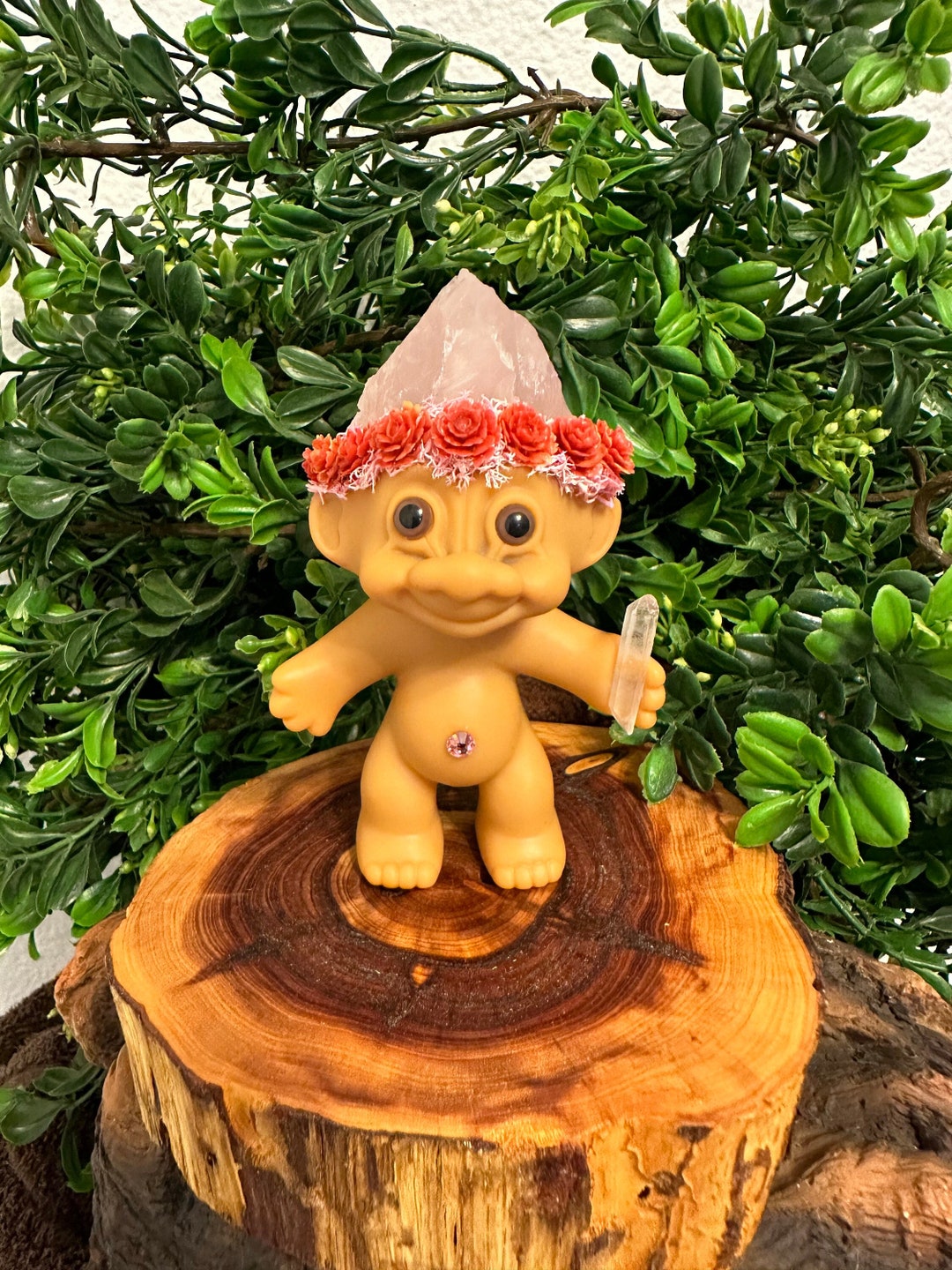 Rose Quartz Crystal Troll Doll: Lucky Garden Gnome - Etsy