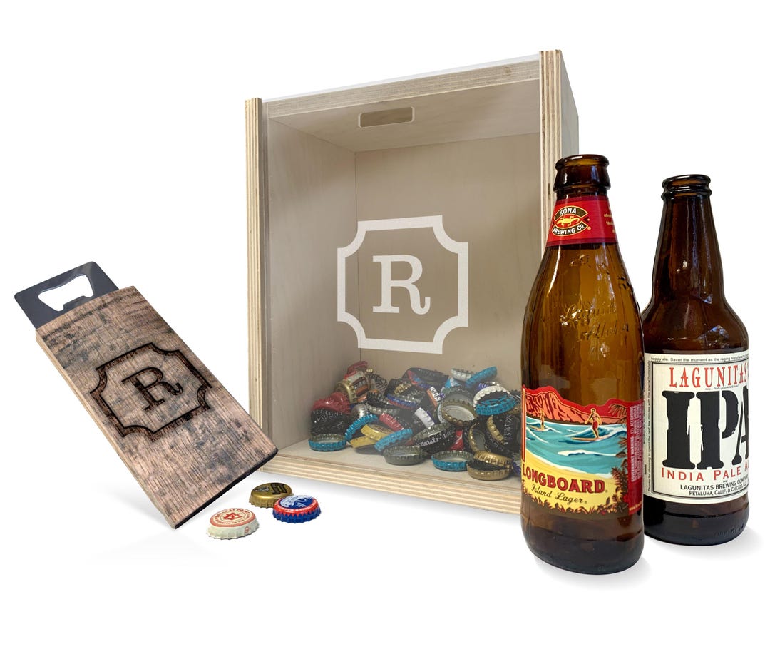Beer Caddy Combo Bottle Cap Collector Gift Box, Custom Engraved Wood ...