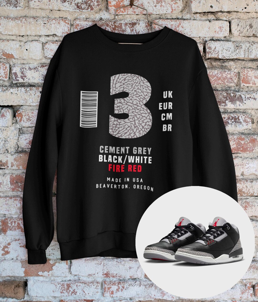 Sneaker Label Jordan 3 Black Cement Sneaker Matching Sweatshirt - Etsy