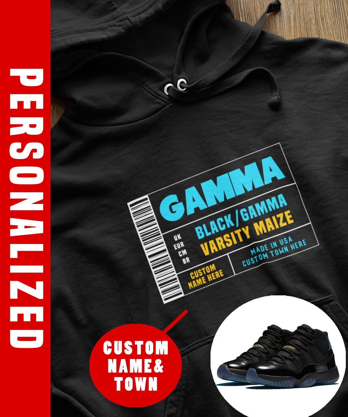 Custom Sneaker Label Jordan 11 Gamma Matching Sneaker Hoodie Black - Etsy