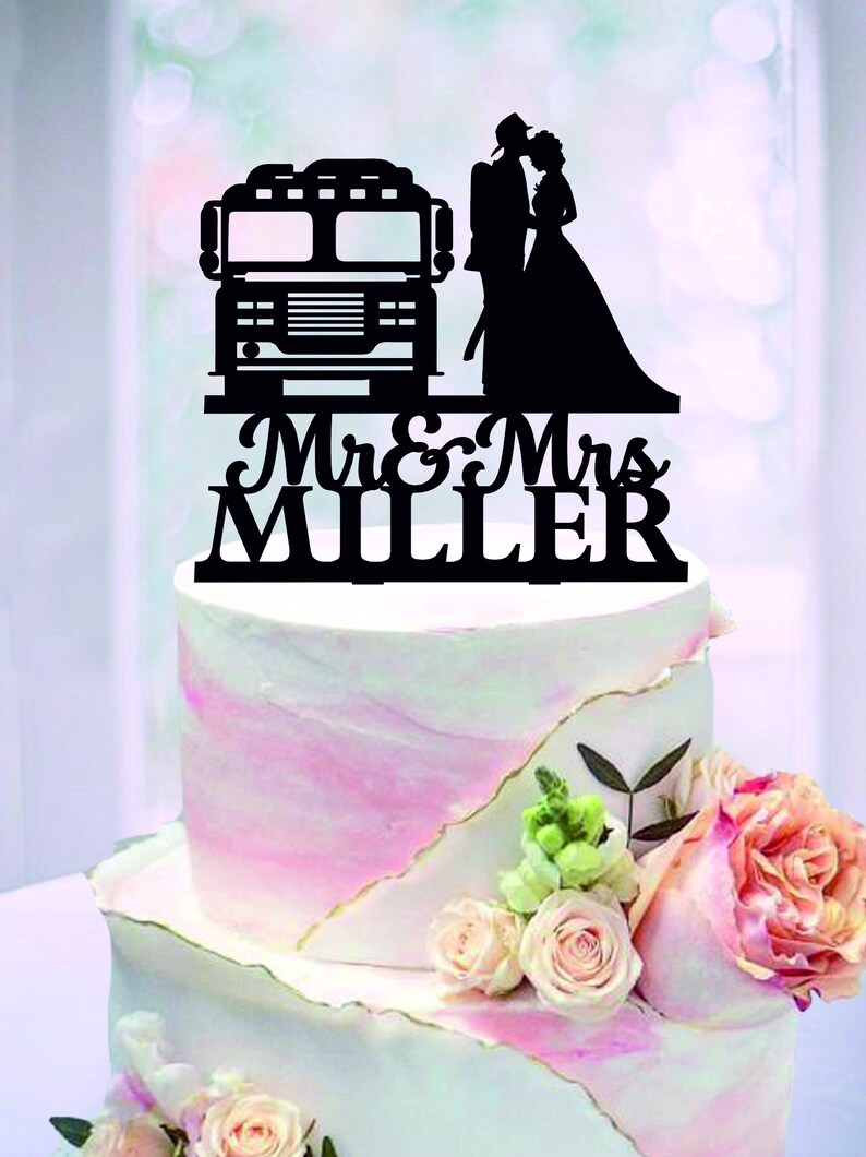Firefighter Wedding Cake Topper, Fire Truck and Couple Topper, Fireman ...