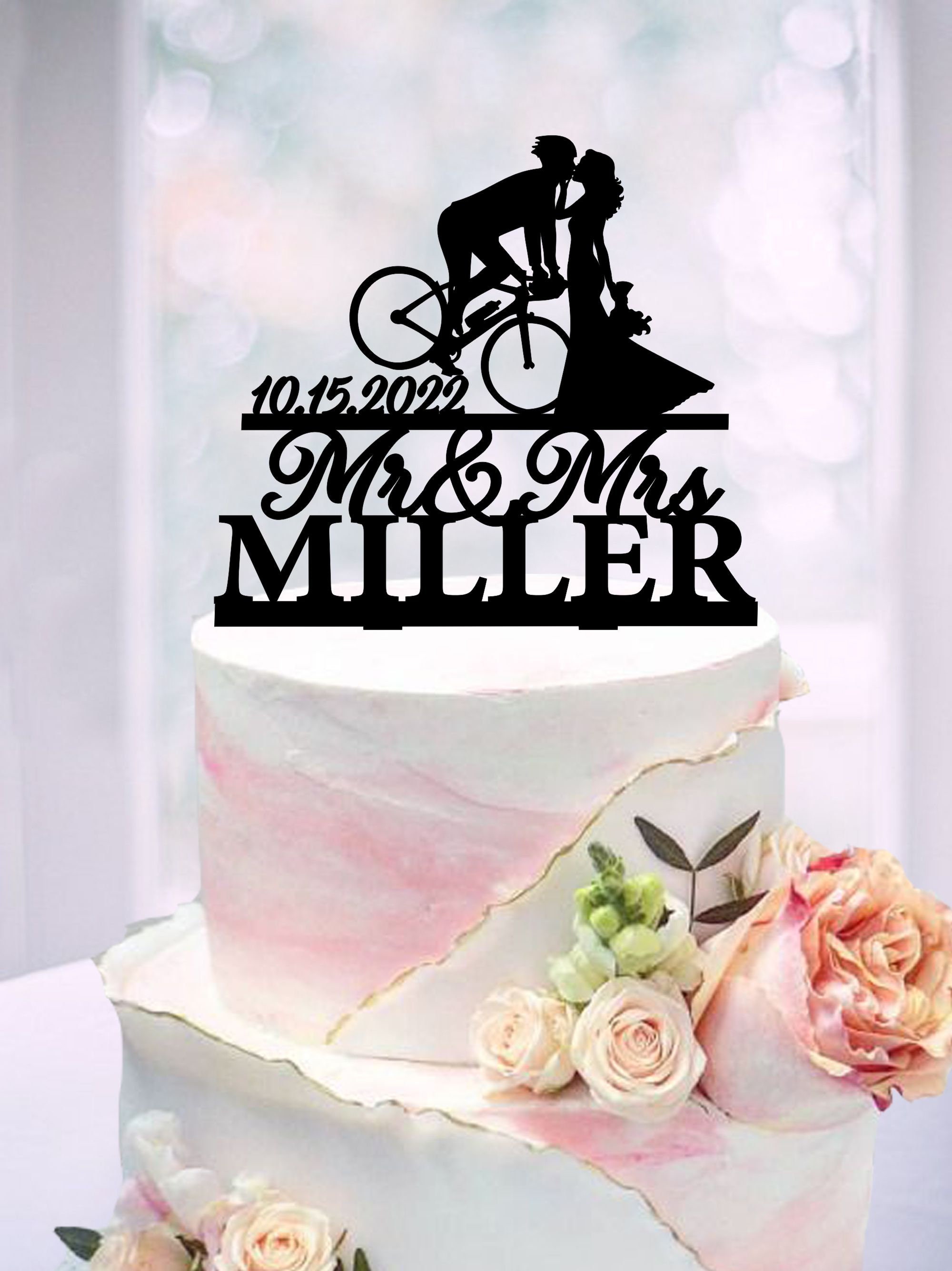 Bicycle Wedding Cake Topper, Cyclist Groom Kissing Bride Topper for ...