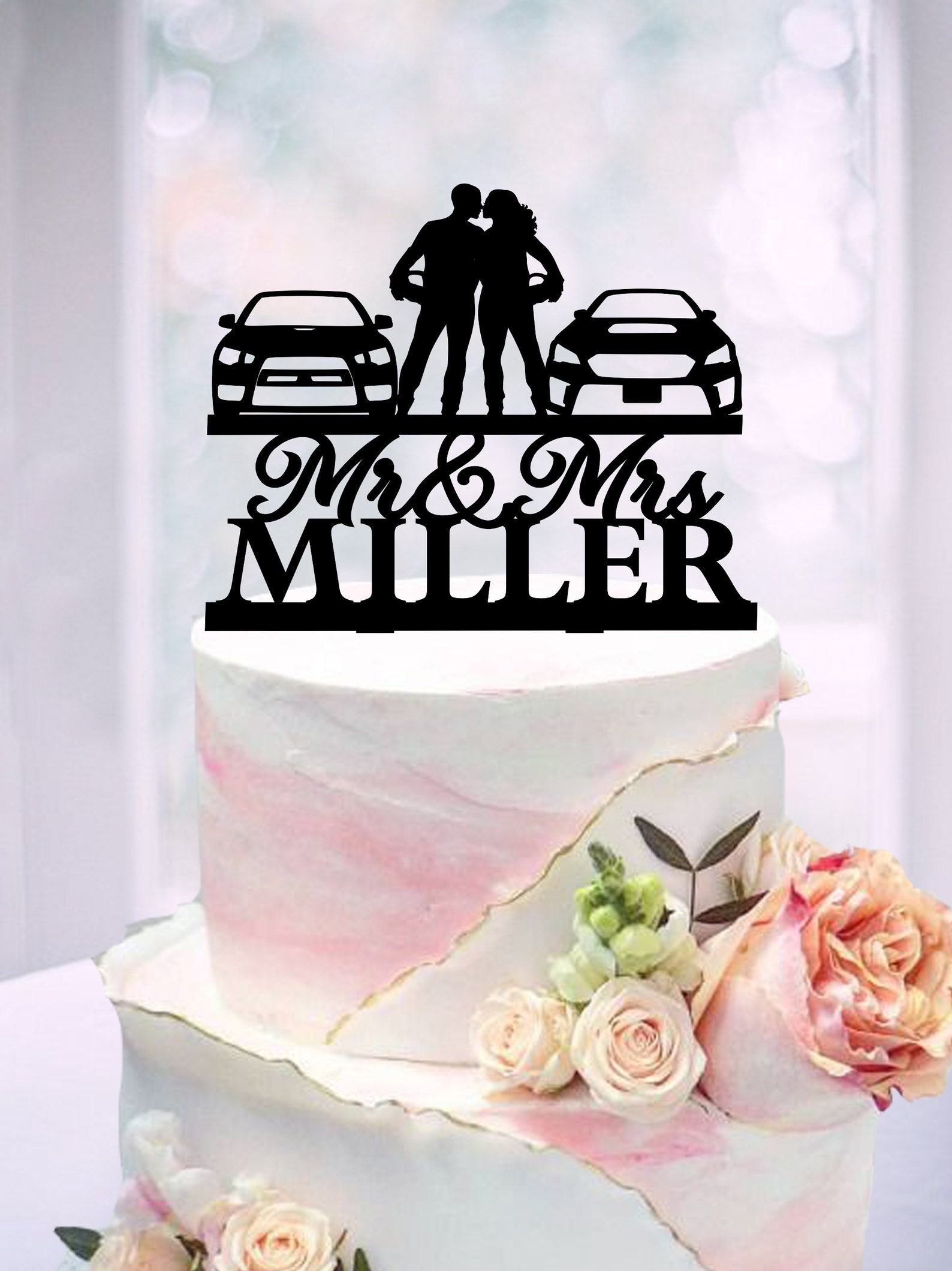 Car Wedding Cake Topper, 2 Cars Silhouette Cake Toppers, Drivers Couple ...
