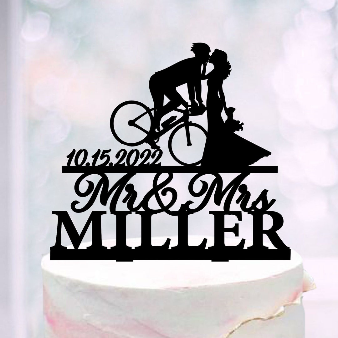 Bicycle Wedding Cake Topper, Cyclist Groom Kissing Bride Topper for ...