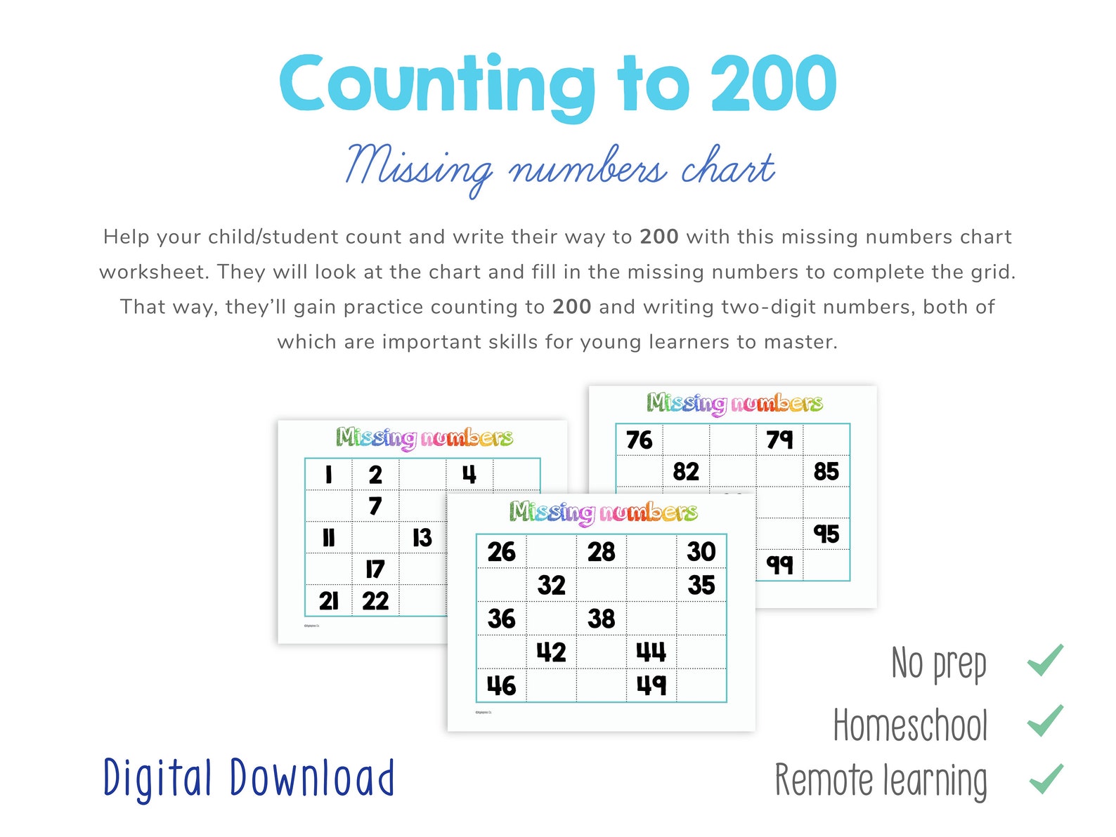 1st Grade Math Counting to 200 Chart Missing Numbers Printable | Etsy
