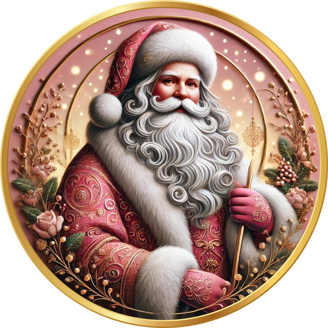 Elegant Pink and Gold Santa Christmas Wreath Sign - Round Metal Sign ...