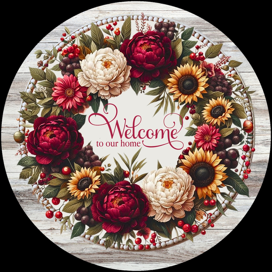 Round Romantic Rustic Wreath Sign With Crimson Red & White Peonies and ...