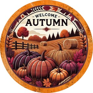 Welcome Autumn Metal Wreath Sign | Fall Hay Field Scene | Pumpkin Door ...