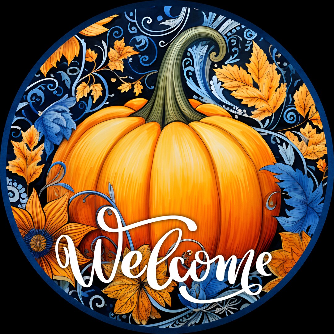 Round Fall Wreath Sign, Fall Leaves & Pumpkin Welcome Sign, Blue/orange ...
