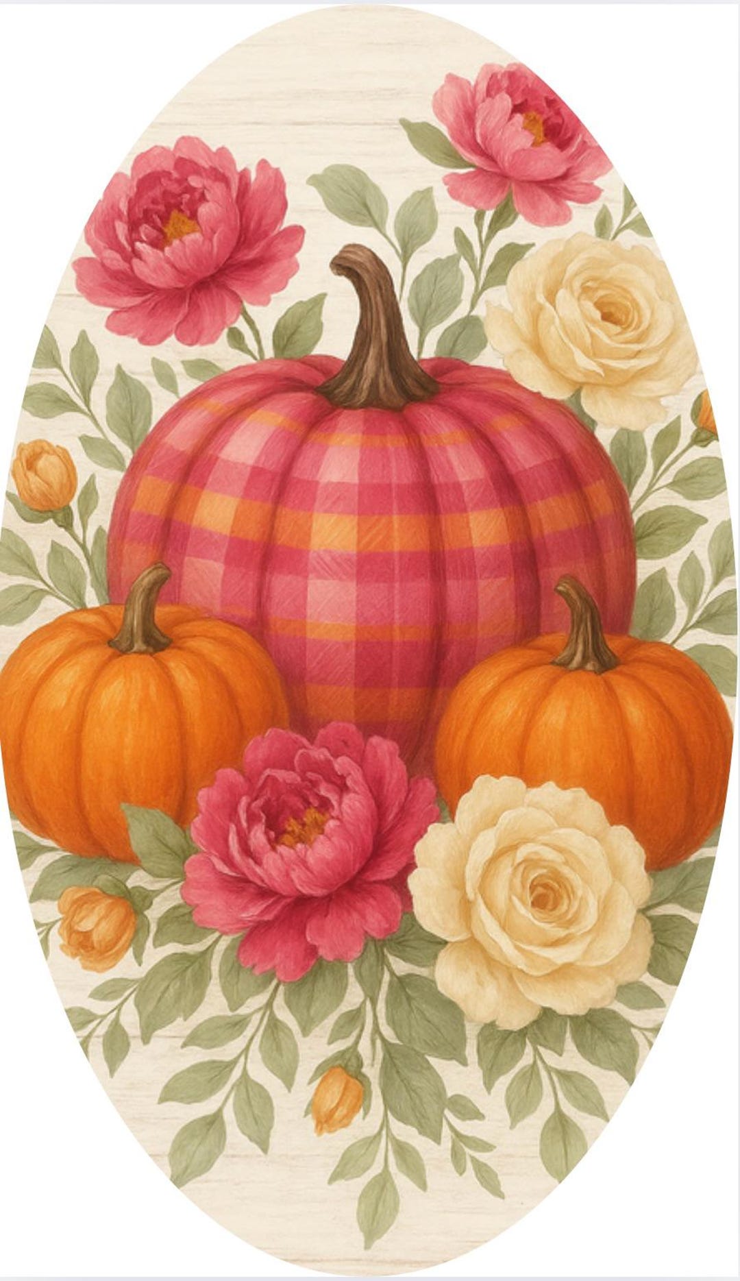 Oval 7"x12" Fall Sign Pink and Orange Plaid Pumpkin With Flowers ...