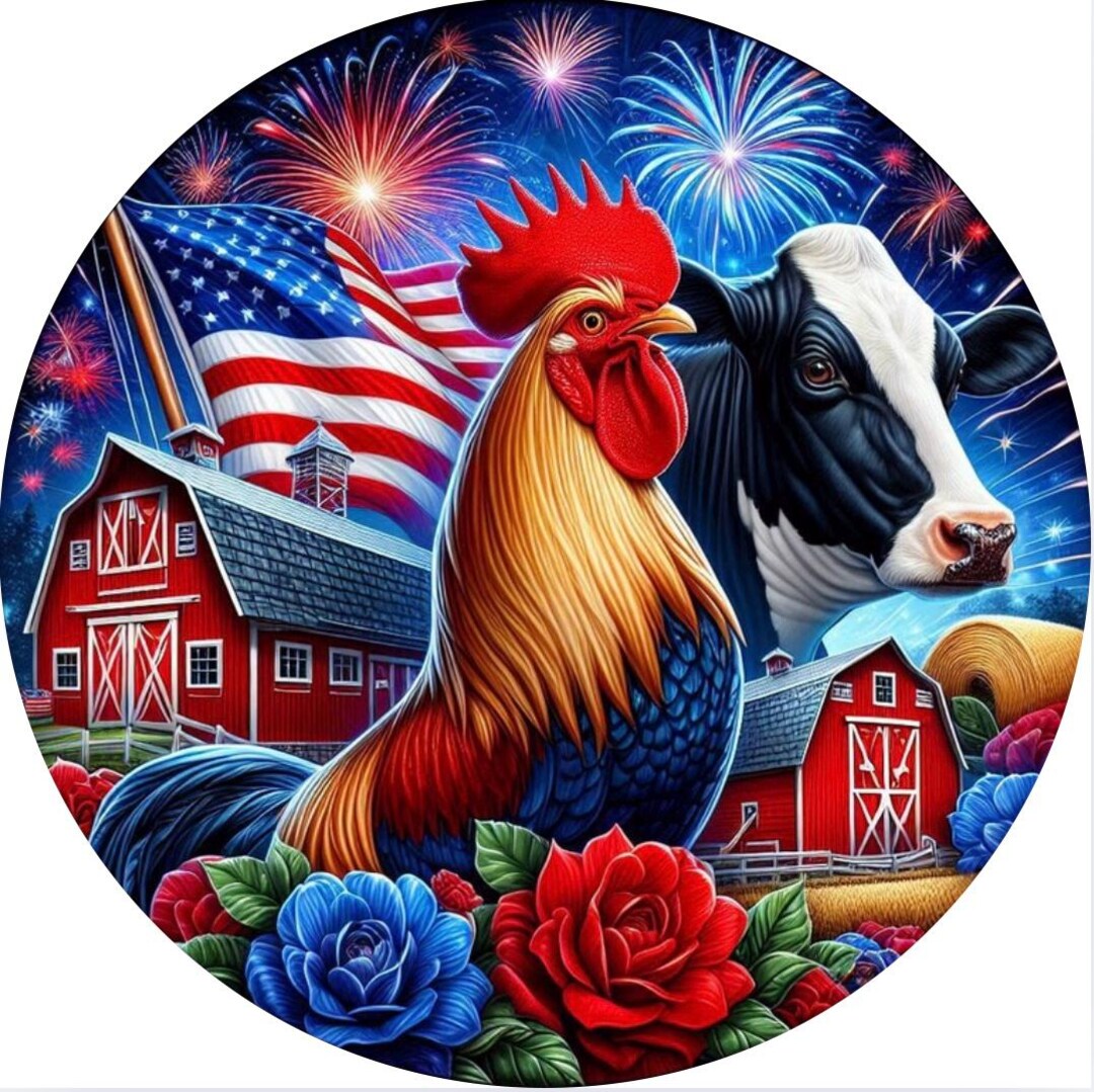 Americana Patriotic Wreath Sign: Rooster, Cow, Barn, 4th of July Decor ...