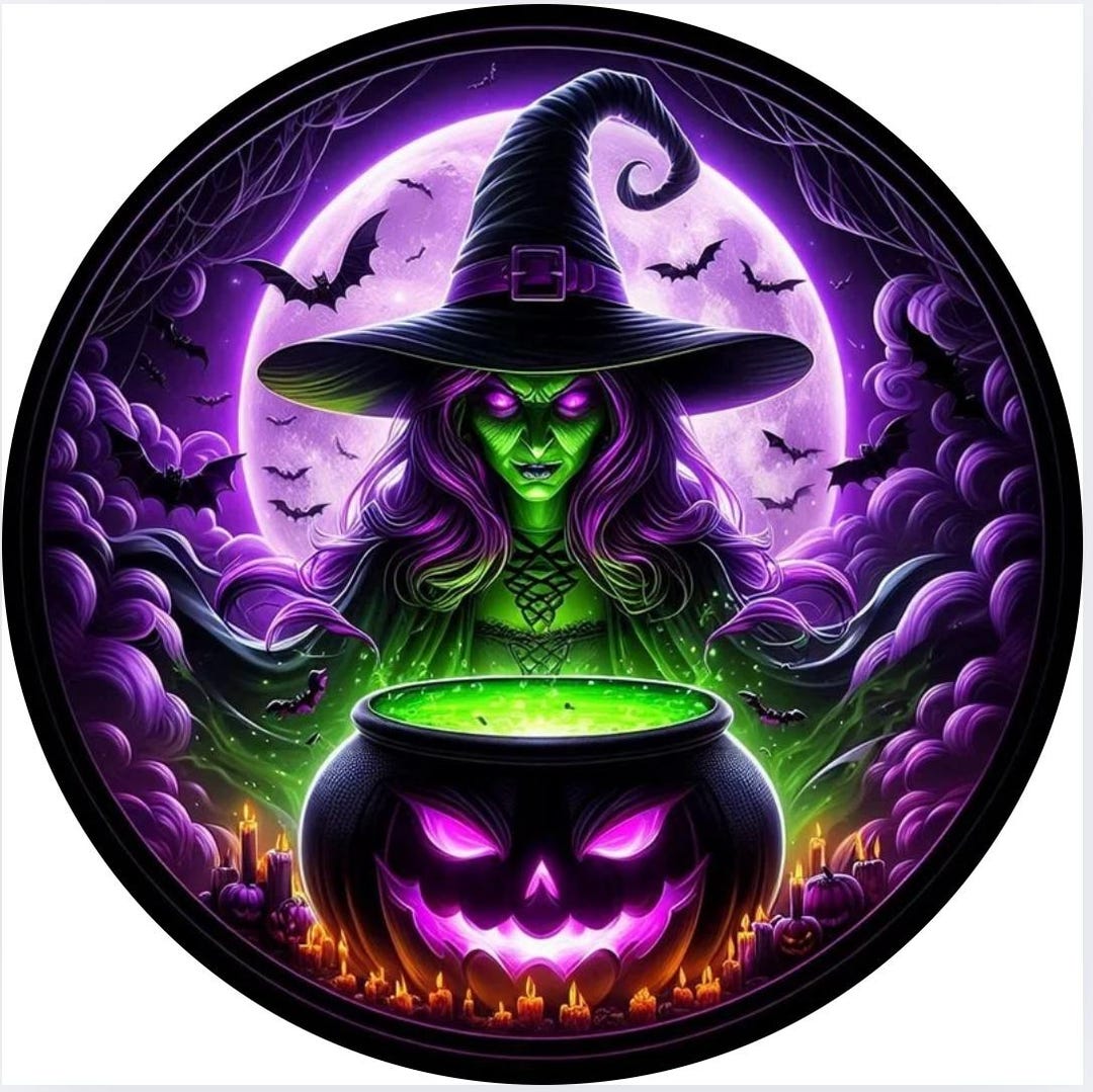 Round Witch Halloween Wreath Sign, Scary Witch With Purple Eyes ...
