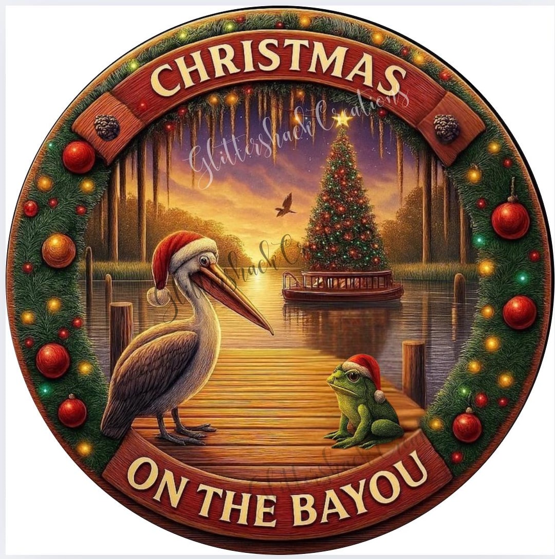 Christmas on the Bayou Wreath Sign, Pelican With Santa Hat and Frog ...