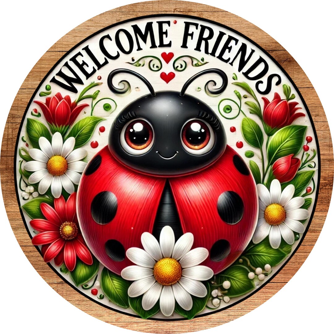 Adorable Ladybug Welcome Sign - Round Metal Wreath Sign for Spring ...