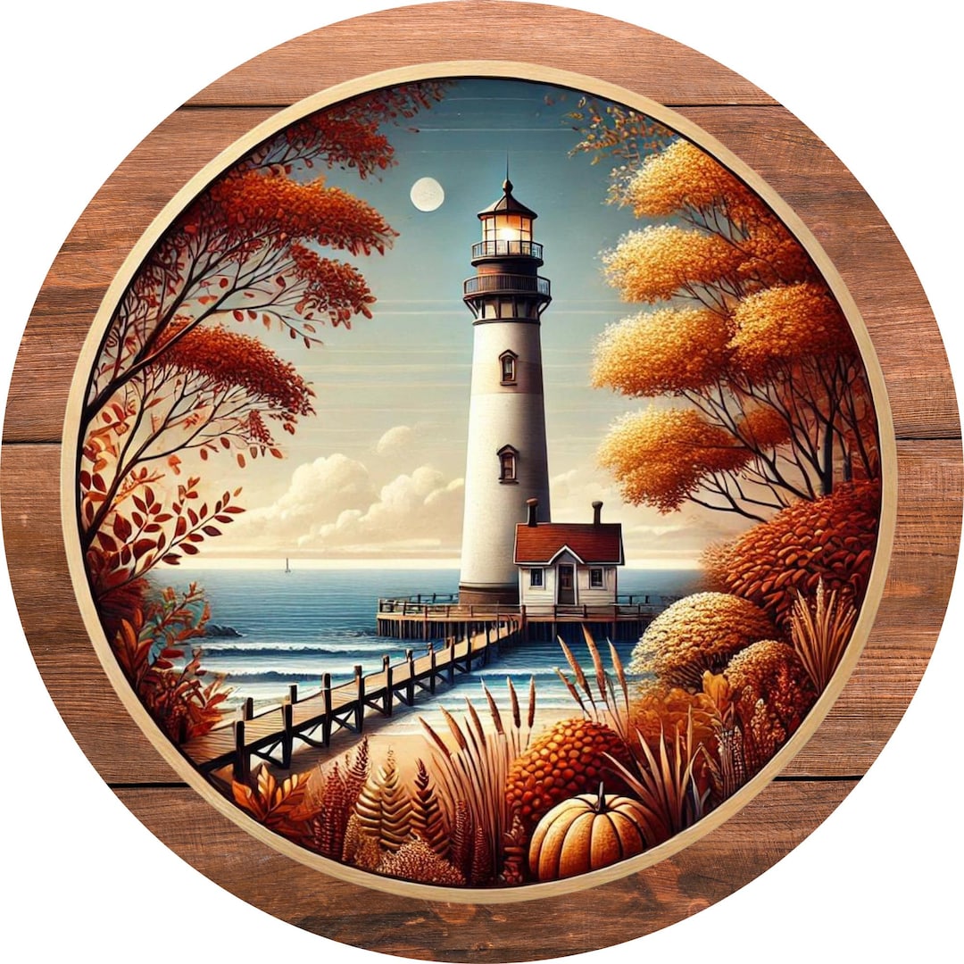 Fall Coastal Lighthouse Sign, Autumn Ocean Scene, Nautical Fall Decor ...