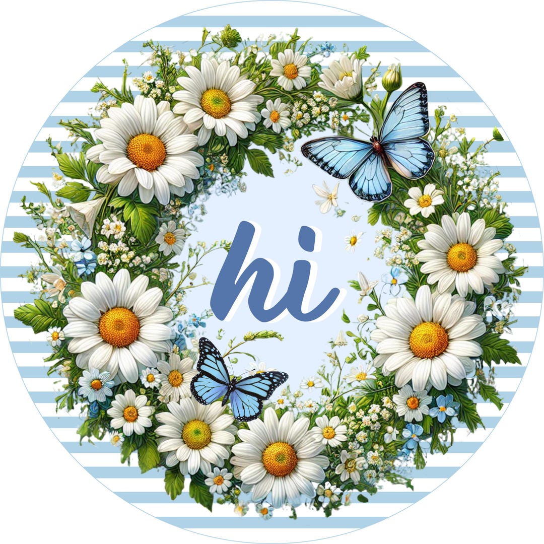 Daisy Wreath Sign, Blue Butterfly Spring Decor, Round Metal Sign ...