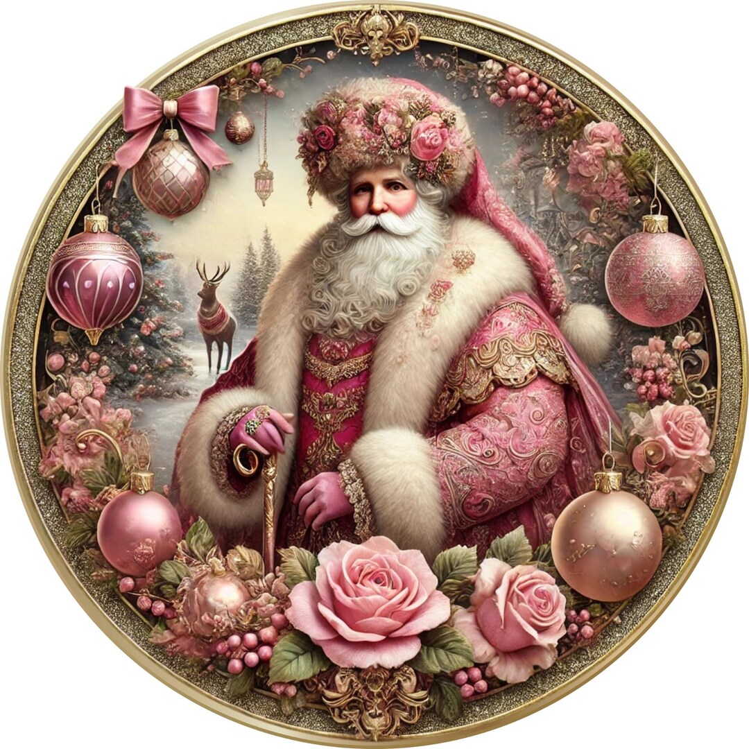 Elegant Pink and Gold Santa Christmas Wreath Sign Round Metal Santa ...