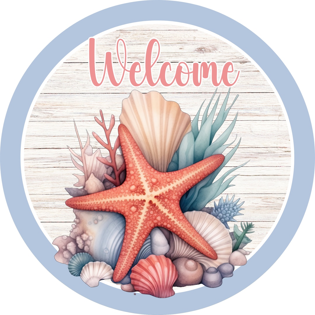 Round Coastal Sign, Starfish and Shells, Beach Decor, Door Hanger, Wall ...